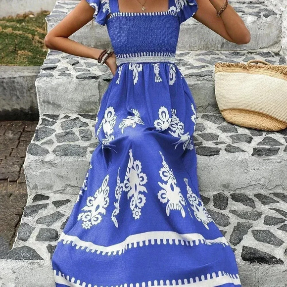 Dresses | Royal Blue Boho Womens Vintage Style Printed Square Neckline ...